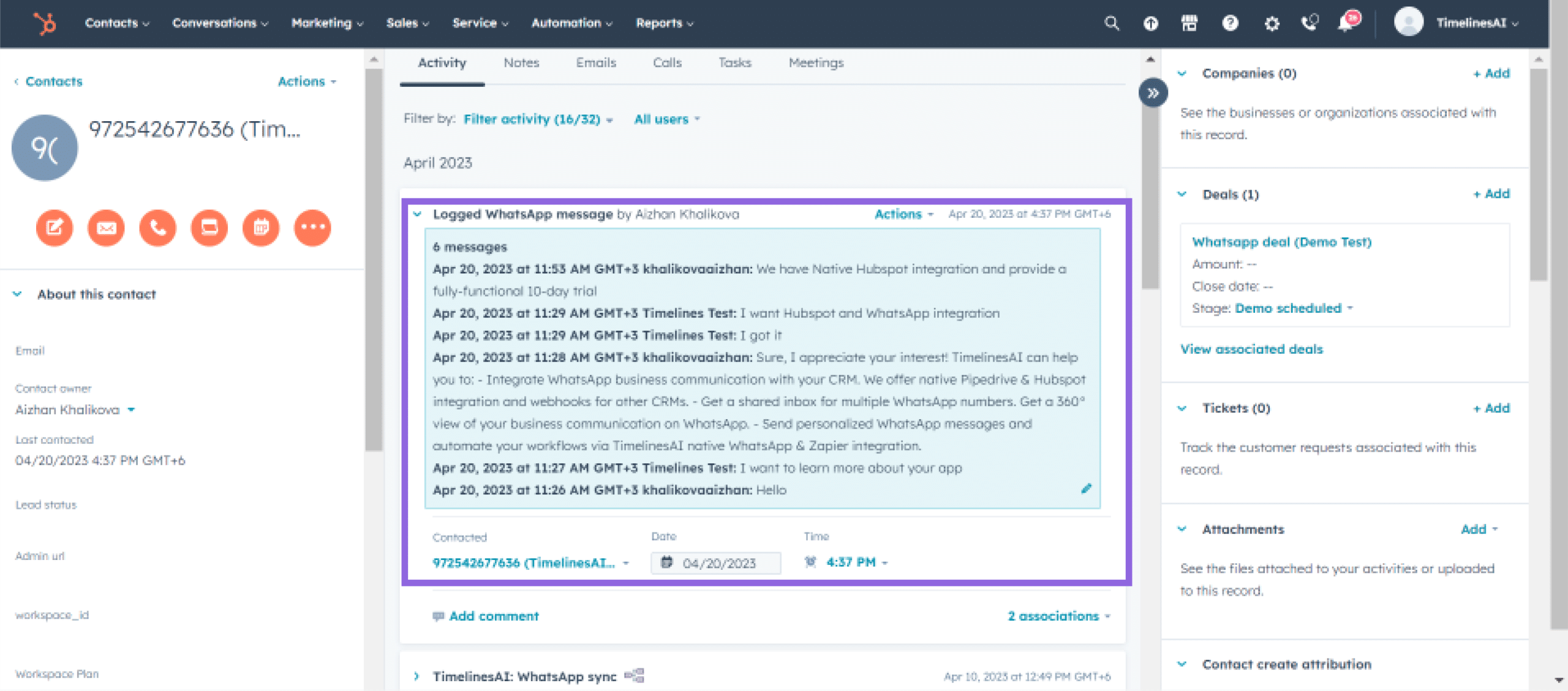Whatsapp and Hubspot Integration - TimelinesAI